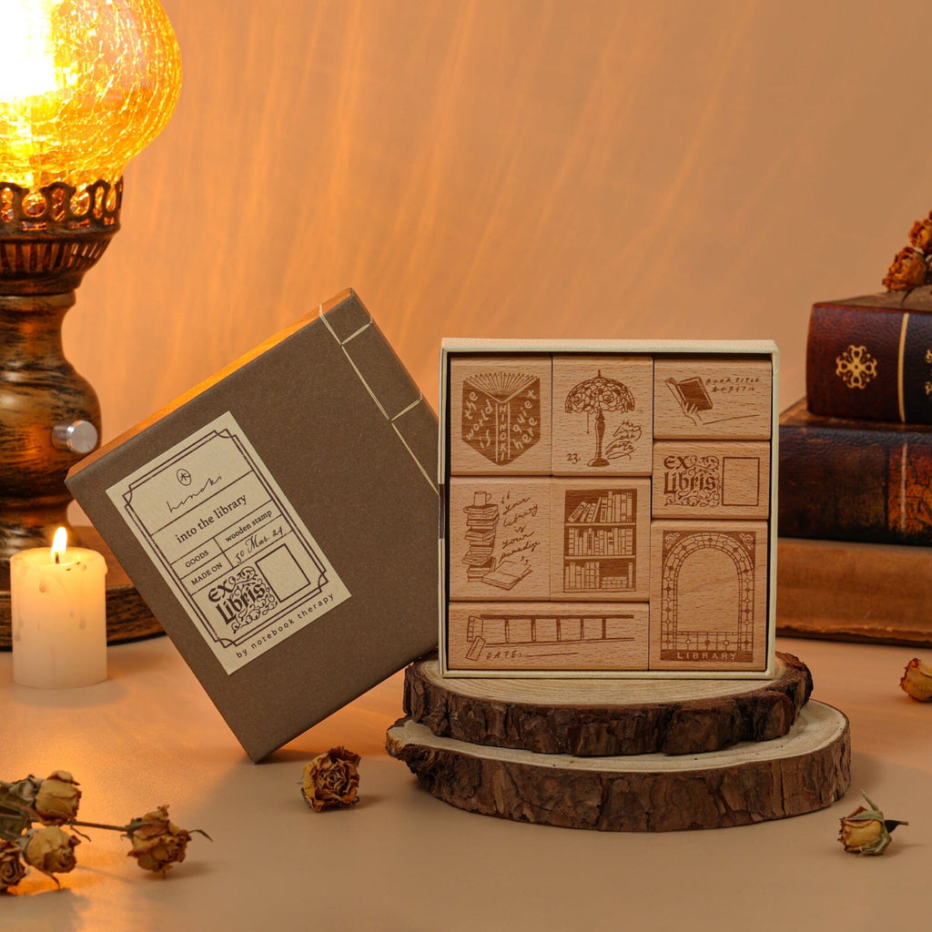 Hinoki - ‘Into the Library’ Engraved Wooden Stamp Set – NotebookTherapy