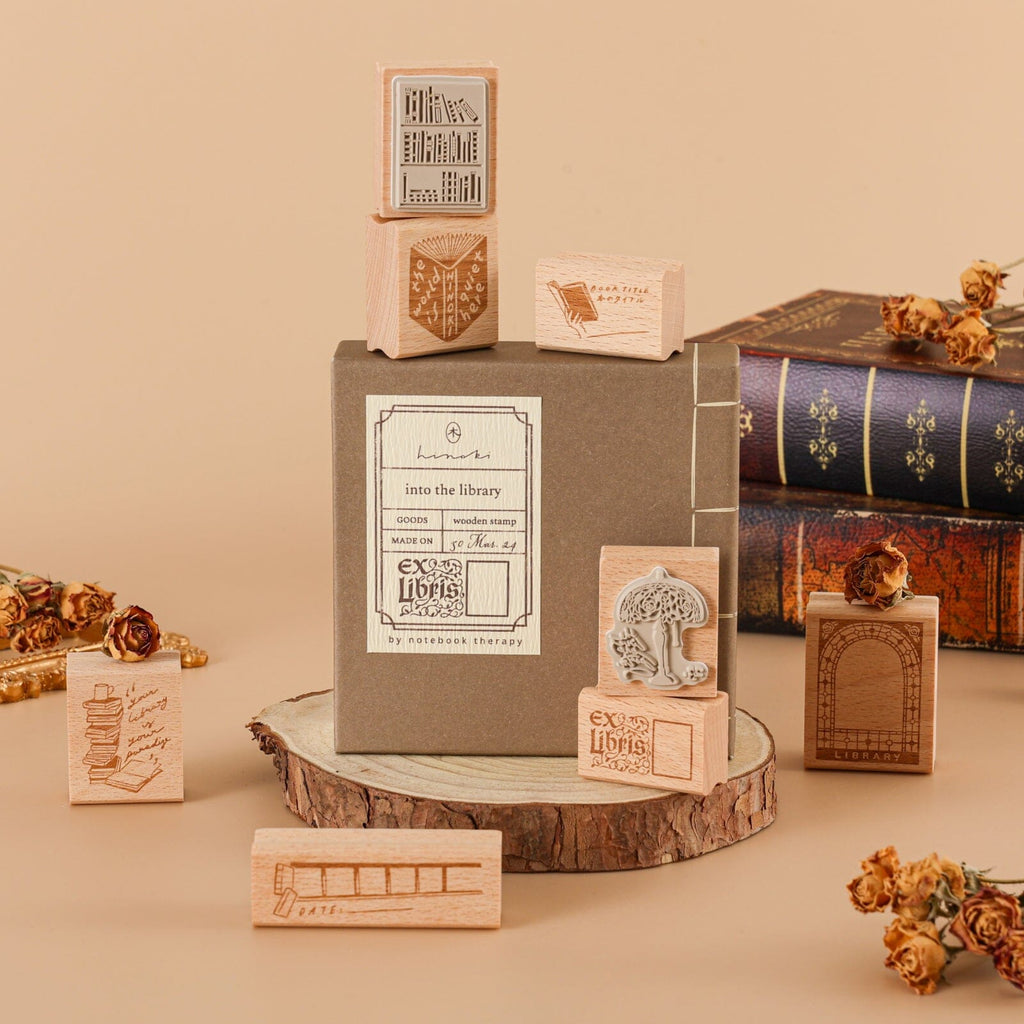 Hinoki - ‘Into the Library’ Engraved Wooden Stamp Set – NotebookTherapy